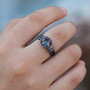 Tsnamer Gothic Black Rings for Women, Mystic Rainbow Topaz with Created Amethyst Flower Goth Black Gold Wedding Engagement Ring Size 6 to 11