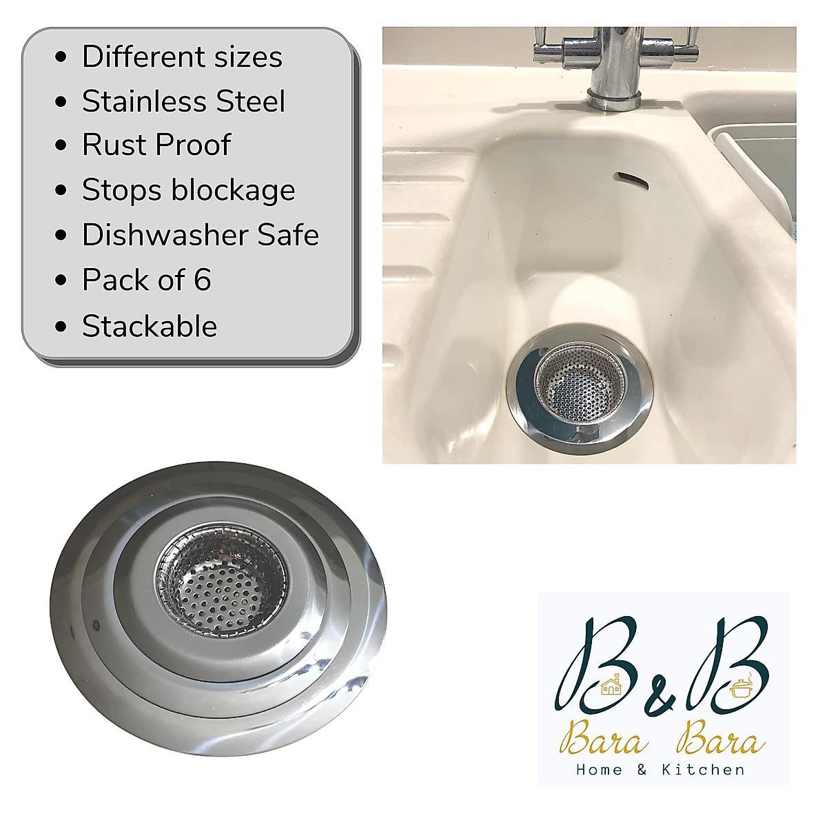 BaraBara Kitchen Sink Strainer, Stainless Steel Sink Drain Strainer, Kitchen Sink Strainer Basket, 6 Pieces Ideal for Kitchen, Bathroom, Shower Room.