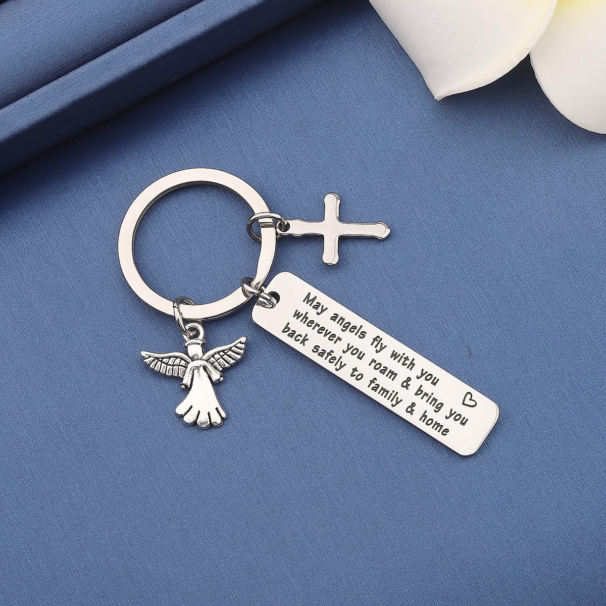 MYOSPARK Travel Prayer Keychain May Angels Fly With You Wherever You Roam & Bring You Back Safely To Family & Home Traveller Gift For Family Friends (May Angels Fly With You)