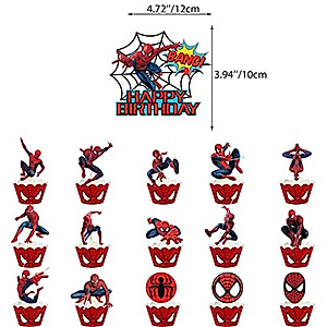 43PCS Spider Birthday Decorations - Spider Theme Party Supplies for Kids Boys with Happy Birthday Banner, Cake Topper, 24 Latex Balloons, 15 Cupcake Toppers