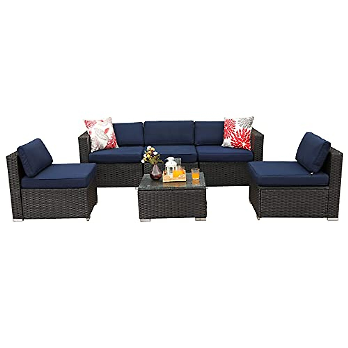 Sophia & William Patio Outdoor Furniture Wicker Sectional Sofa Set All-Weather Low Back Patio Conversation Set W/Tea Table and Washable Couch Cushions (6 Piece-Navy Blue)