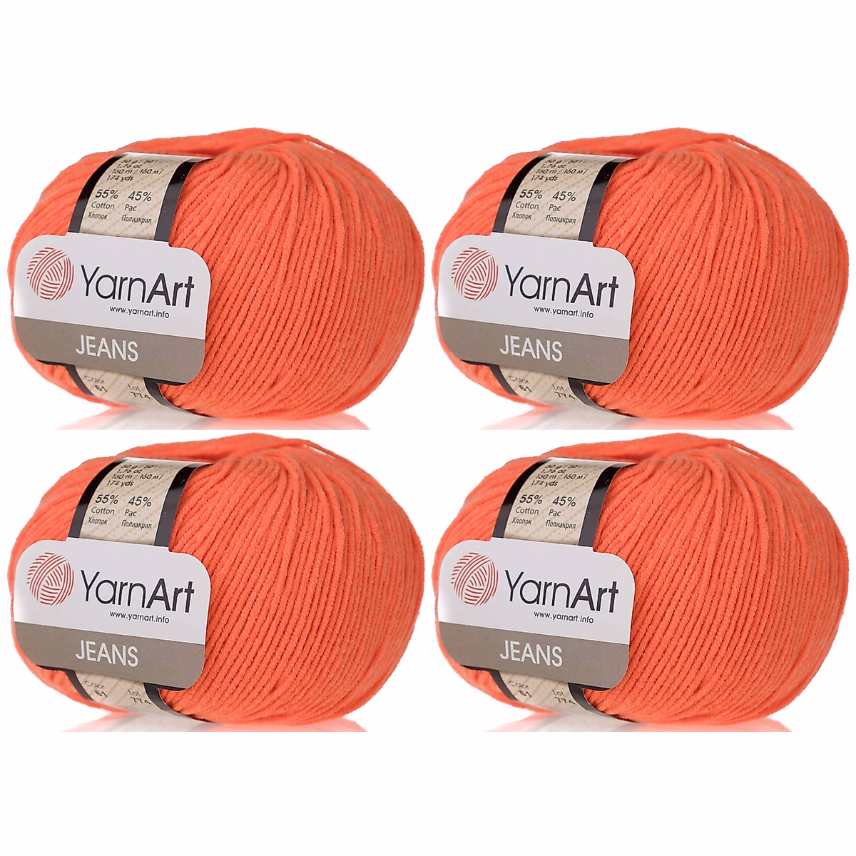 4 Skeins YarnArt Jeans 55% Cotton 45% Acrylic Yarn Blend Thread Crochet Hand Knitting Art Lot of 4skn 200 gr 696 yds (61-Orange)
