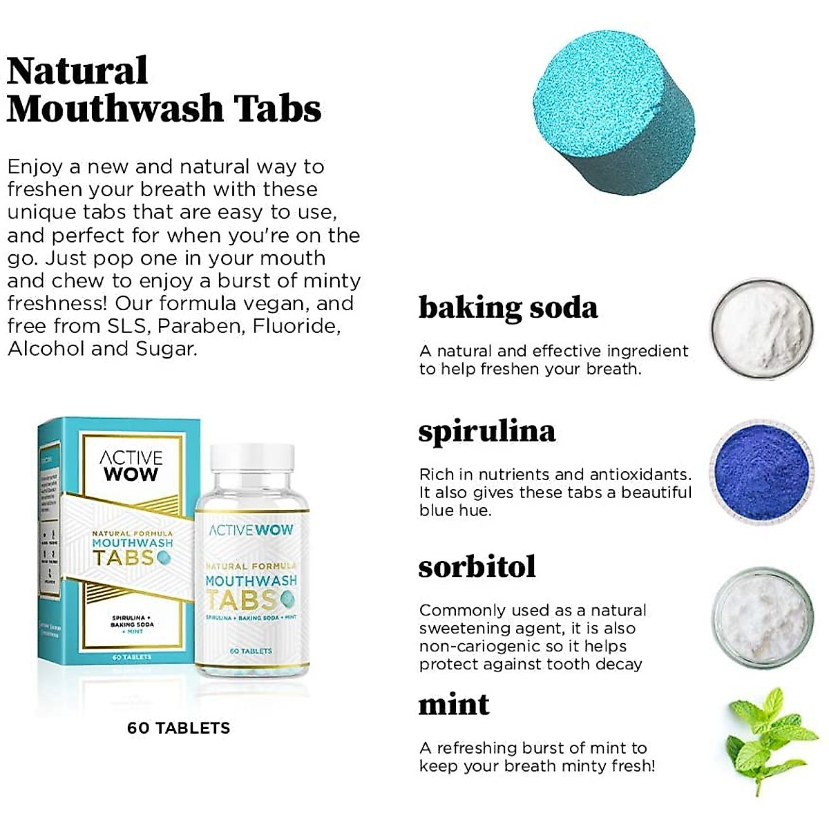 Active Wow Natural Mouthwash Tablets - Chewable Mouth Wash, Breath Freshening Tablets, Fluoride-Free, Alcohol-Free, Vegan, Sugar-Free, Mint Flavor - 1 Pack, 60 Tablets