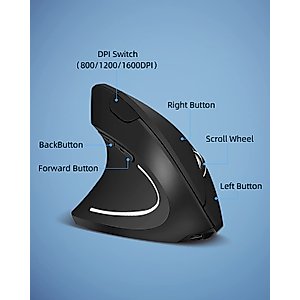 ASOYIOL Left Handed Mouse, Rechargeable Left Vertical Mouse Wireless -2.4G Left Hand Ergonomic Mouse with 6 Buttons Adjustable 800/1200/1600 DPI (Left Hand)