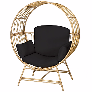 Rattan Wicker Egg Chair, Egg Basket Lounge Chair with 4 Cushions, Oversized Indoor and Outdoor Lounger Chair for Patio & Living Room, Steel Frame, 330lbs Capacity
