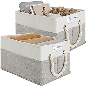 LoforHoney Home Fabric Storage Baskets for Shelves, Foldable Storage Baskets for Organizing, Closet Organizer Bins with Cotton Rope Handles, Canvas Storage Bins for Clothes, Large, Beige&Gray, 2-Pack