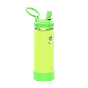 Takeya Actives Kids 18 oz Glow In The Dark Insulated Stainless Steel Water Bottle with Straw Lid, Lightning Green