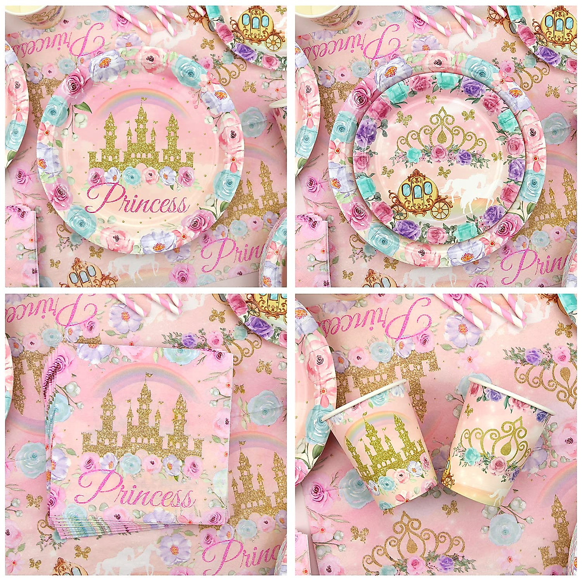 Princess Birthday Party Decorations Serves 20 Guests, Including Dinner Plates, Dessert Plates, Cups, Napkins, Forks, Tablecloth, Straws, for Girls Princess Birthday Baby Shower Party Decorations