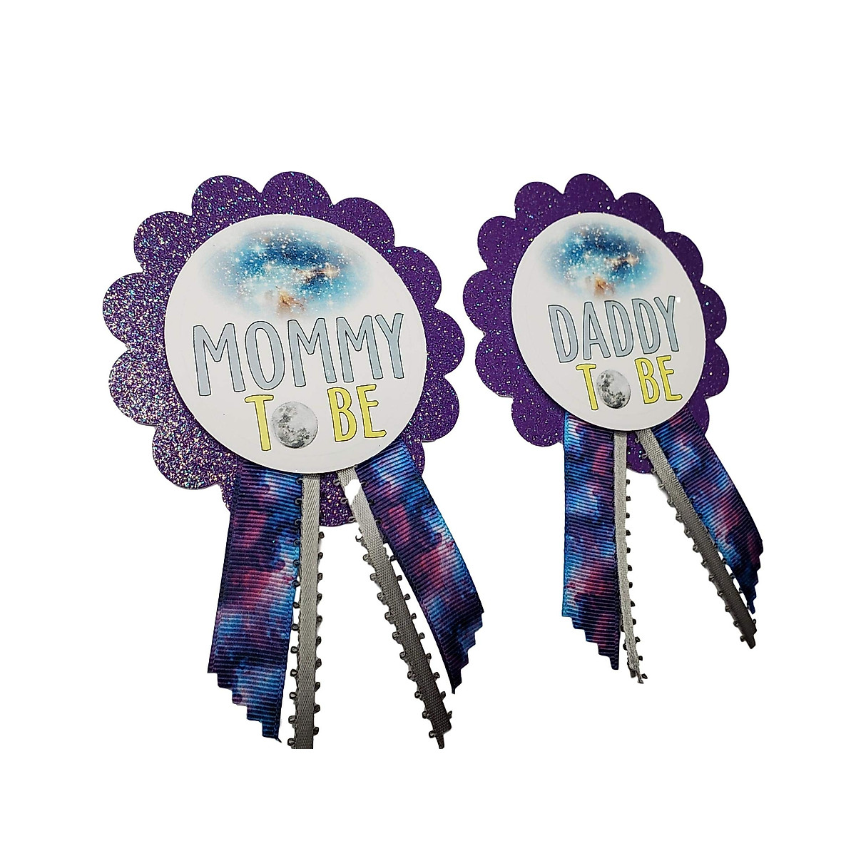 2 Mommy & Daddy to Be Button Pins Galaxy Baby Shower It's a Girl Boy for parents to wear, Purple Glitter Sprinkle