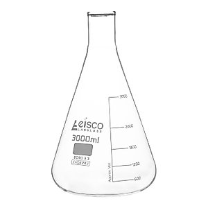 EISCO Erlenmeyer Flask, 3000ml - Borosilicate Glass - Narrow Neck, Conical Shape - White Graduations