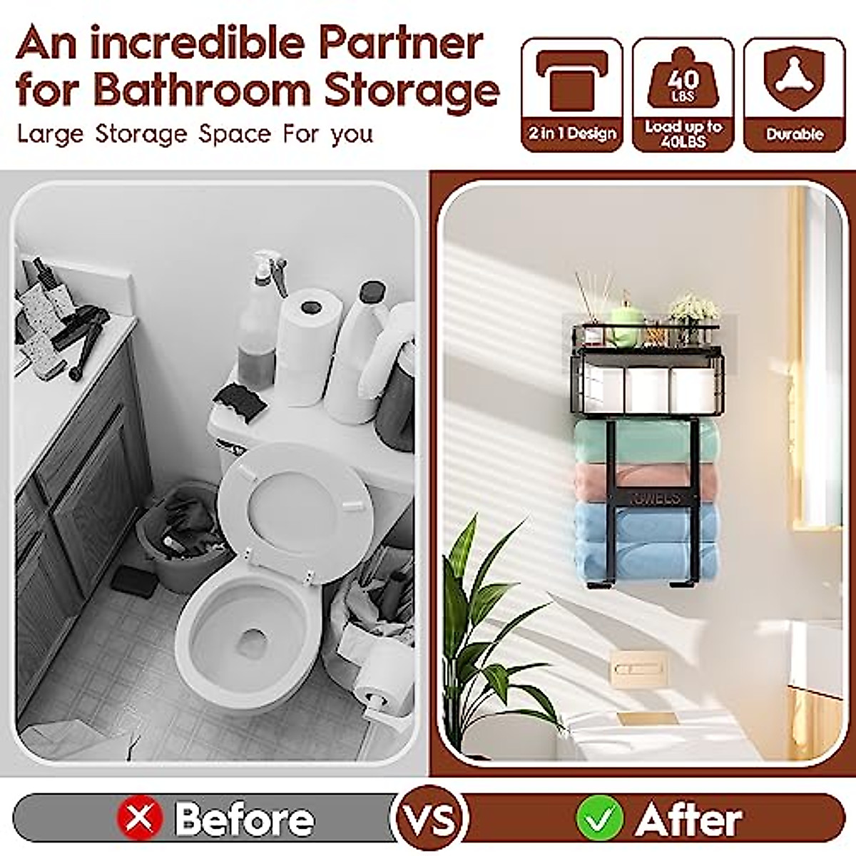 herehomi Floating Shelves for Wall, 2 in 1 Floating Shelves with Towel Racks for Bathroom, Bathroom Shelf Wall Shelf Towel Rack, Bathroom Towel Holder Bathroom Shelf Organizer Wall Mounted, Black