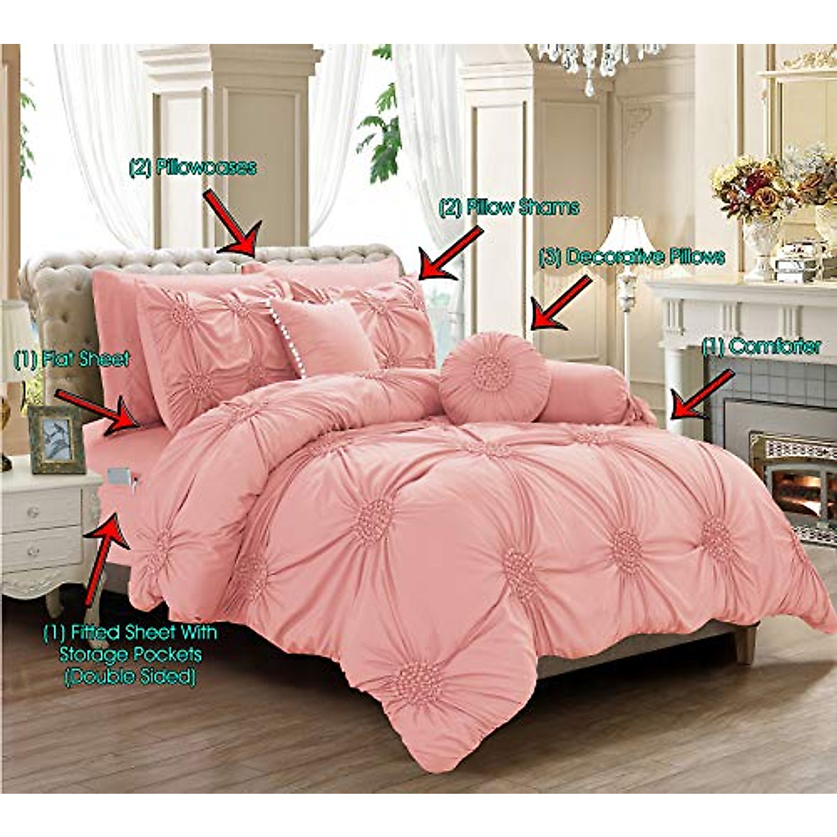 Luxurious, Softest, Coziest 10-PIECE Bed-in-a-Bag Sunflower Comforter Set, Silky Soft Complete Comforter Set Includes Bed Sheet Set with Double Sided Storage Pockets Featured, Full/Queen, Dusty Rose