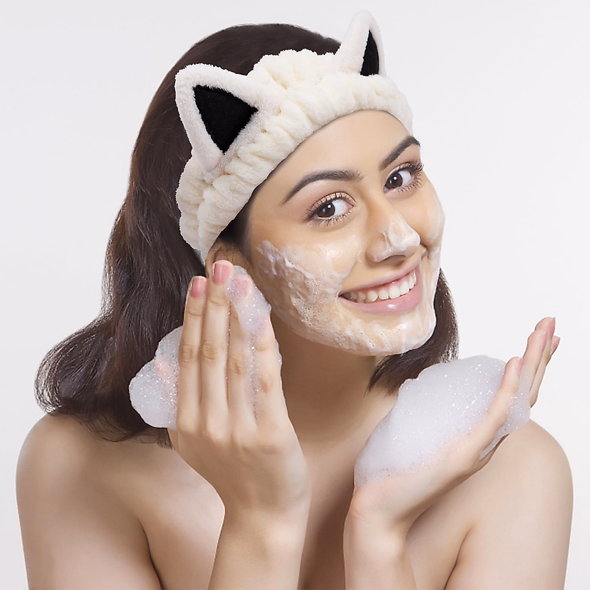 Hofar Cat Face Wash Headband Hairband with Cat Ears Coral Fleece Cartoon Cute Creative Hair Accessories