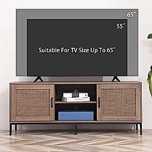 BIRASIL Industrial TV Stand, Wood TV Cabinet with Rattan Doors, Entertainment Center with Storage, Rustic Television Stands for TVs up to 60 inch for Living Room (Natural Oak, 56 Inch)