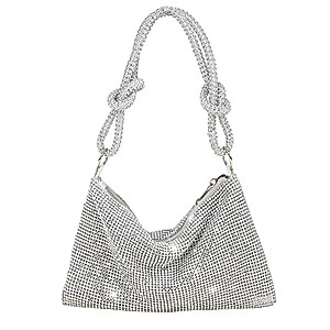 Rhinestone Hobo Bag for Womens Chic Sparkly Evening Handbag Clutch Bag Shiny Purse for Party Club Wedding (Silver)