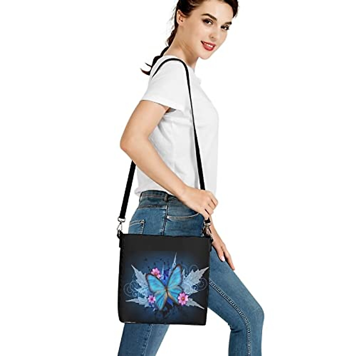 WELLFLYHOM Blue Butterfly Handbag for Women Crossbody Bucket Bags Trendy Tote Purses PU Leather Hobo Bag Work Satchel Shoulder Bag Travel wallet Organizer Gifts for Girls Messenger Pouches
