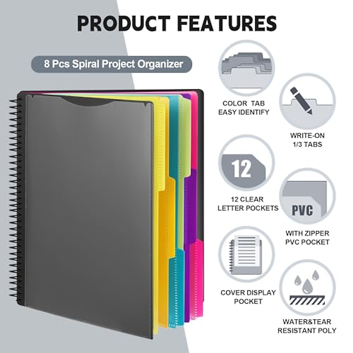 Yeaqee 8 Pack 12 Pocket Spiral Folders Notebook Bulk with Clear Front Pocket, Binder Project Organizer with 6 Dividers and Tab