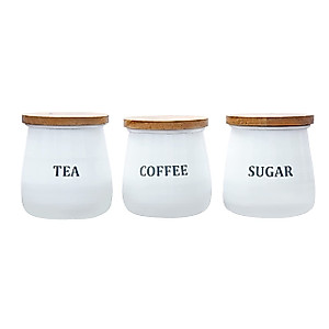 White Coffee Sugar Tea Canister Set of 3 - Galvanized Metal Container With Wooden Lid - Beautiful Fancy Elegant Decorative Food Storage Jars Perfect for Farmhouse Kitchen Décor Restaurant - 4.25 Inch