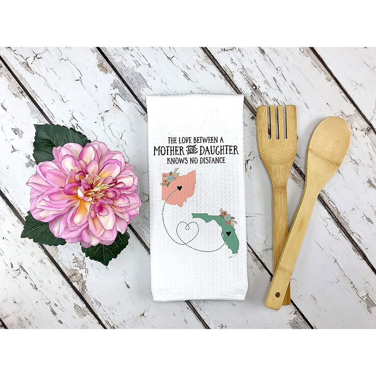 CANARY ROAD Personalized Kitchen Towel | Two State Mother Daughter | Gift For Mom | Gift For Her | Mother Present | Mothers Day Gift | Long Distance Map Gift | Unique Mom Gift | Gift for Daughter