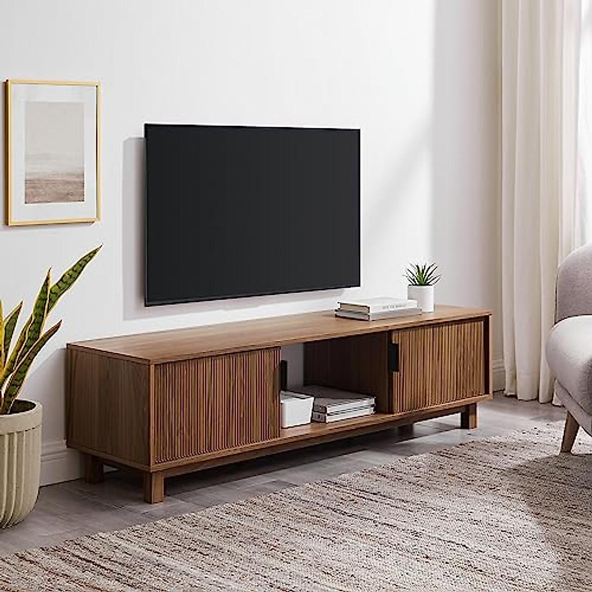 Walker Edison Walton Modern Fluted-Door Low Stand for TVs up to 65 Inches, 58 Inch, Mocha