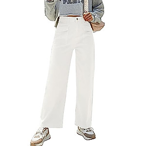 Dokotoo Womens Jeans Cargo Pants High Waisted Baggy Jeans Boyfriend Straight Wide Leg Pants Jeans Linen Trendy Pants Summer Casual Flap Pocket Y2k Pants Street Wear White