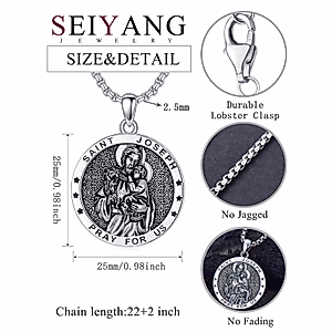 Seiyang St Joseph Necklace for Men 925 Sterling Silver Saint Joseph Medal Pendant Patron Amulet Joseph Medallion Jewelry Protection Gift for Women Father Son