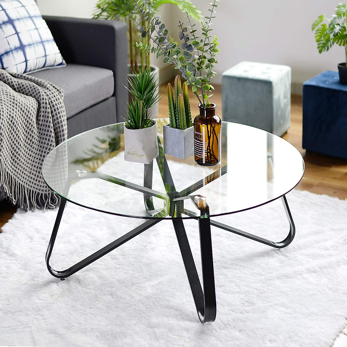 wOod-it Round Coffee Table 31.5" Tempered Glass Top Black Metal Center Tables Small Circle Modern for Living Room