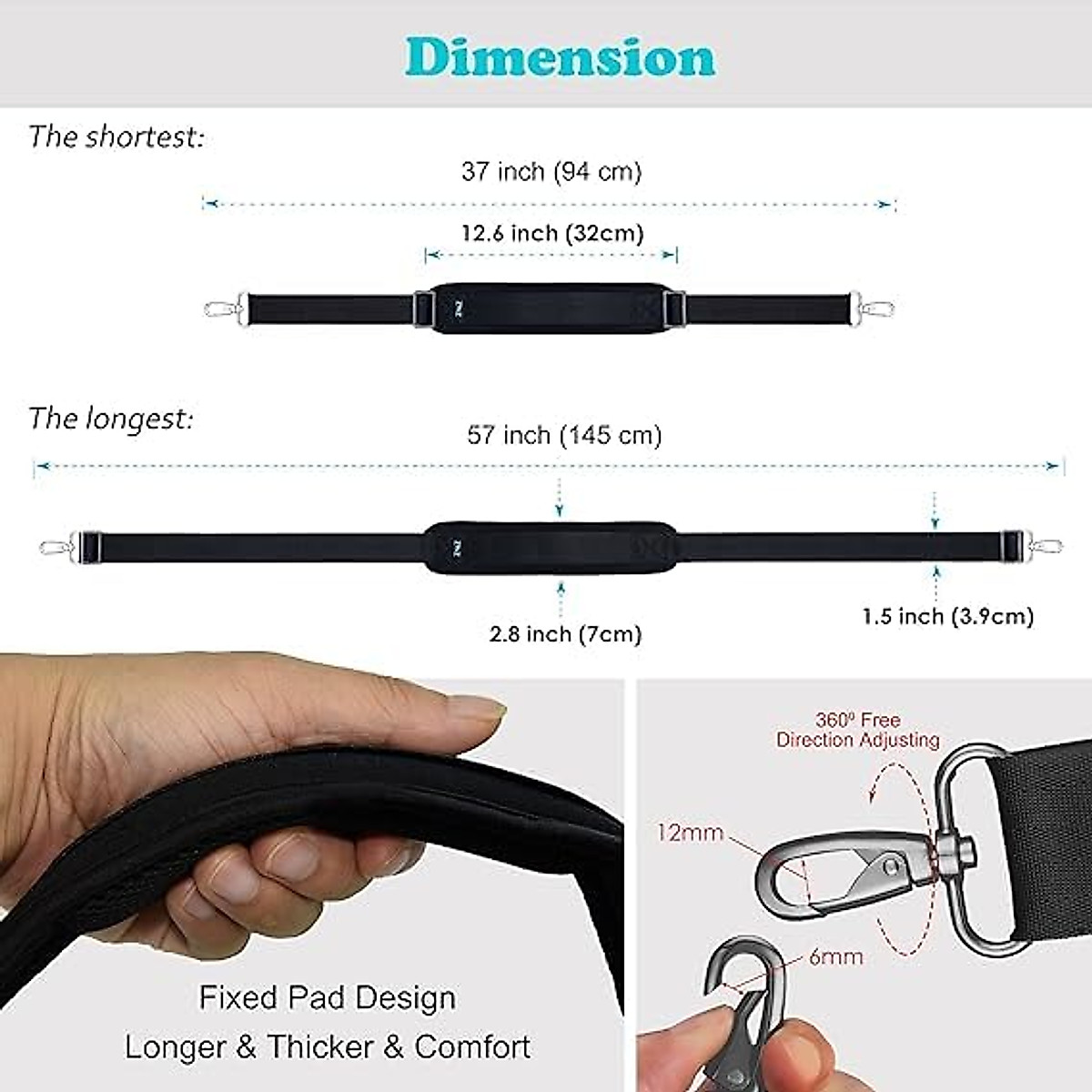 ZINZ Shoulder Strap, 57" Padded Adjustable Shoulder Bag Straps Replacement for Bags with D-Ring (Black, 001)