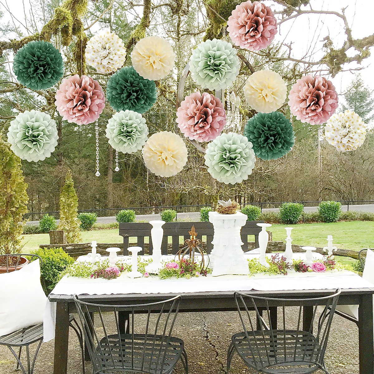 16pcs Dusty Rose Olive Sage Green Tissue Paper Pom Poms Flowers Sage Green Dusty Pink Party Decorations for Bridal Shower Baby Shower Rustic Wedding Birthday Engagement Party Decorations