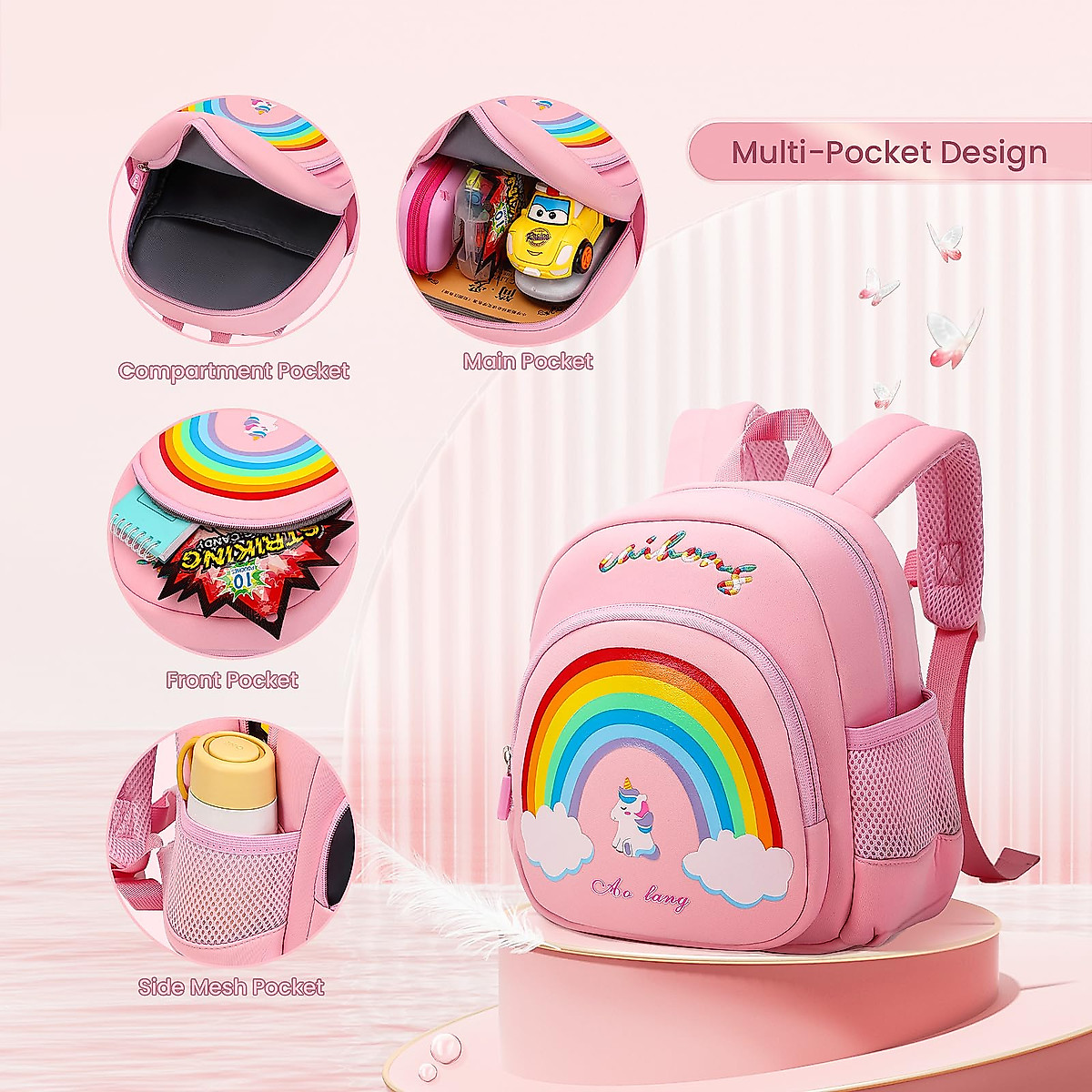 MUSEVOS Rainbow Toddler Backpack for Kids 1-3, Mini Toddler Backpack Boys 2-3 Year Old Girls, Small Neoprene Preschool Backpack for Kids with Anti-lost Safety Leash for Daycare Outdoor