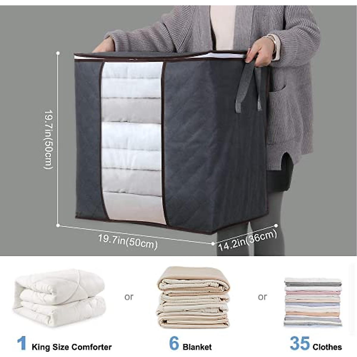 Clothing Storage Bag,1 Pack Large Capacity Clothes Storage Bag Organizer with Reinforced Handle Thick Fabric for Comforters,Blankets,Bedding,Foldable with Sturdy Zipper,Clear Window, 90L,Grey (1 Pack-19.7 x 19.7 x 14.2 inches)