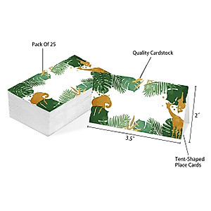 Table Place Card, Jungle Safari Animals Themed Tent Style Cards, Pack of 25 Half-Fold Reception Place Card, Gold Wild Animal Food Labels, Perfect for Baby Shower, Birthday Party C08