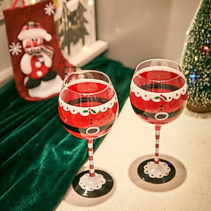 Santa's Elf Stemmed Wine & Water Glasses - Set of 2 - Shining Red & Black, 9" H - Christmas & Holiday Parties Glassware - Xmas Tree - Set of 2, 17.5oz - Santa Festive Glass - Great Gift!