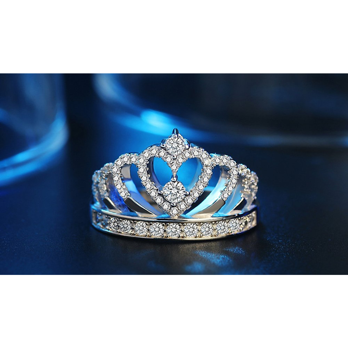 Princess Queen Crown Rings for Women Eternity Heart-Shaped Promise Ring Zircon Jewelry Silver 6