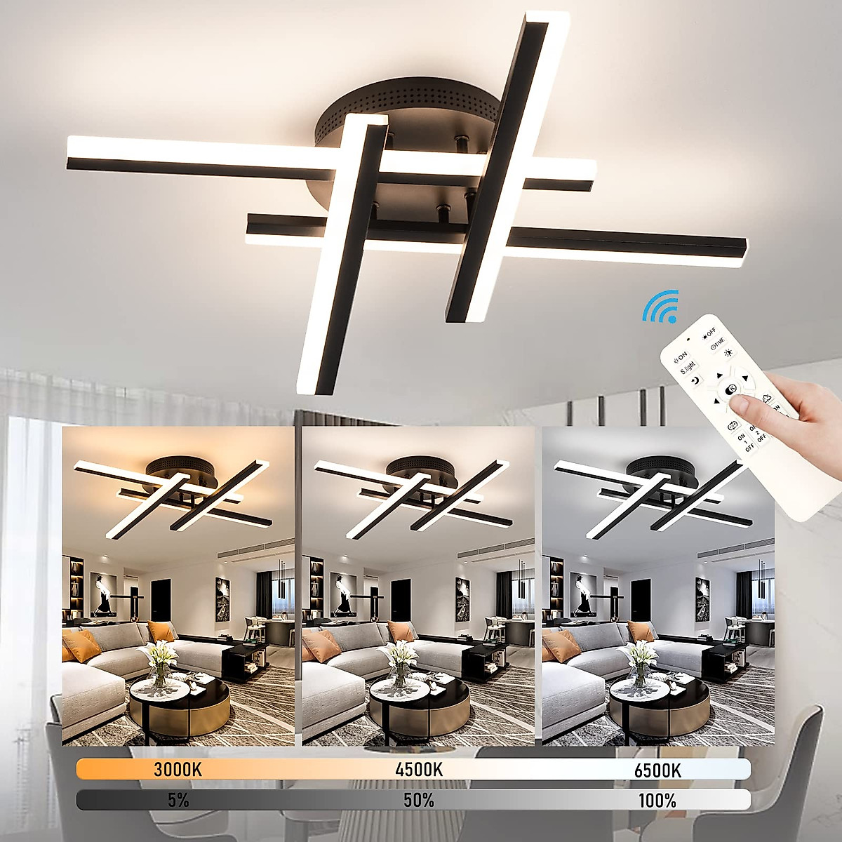 CANEOE Modern Led Ceiling Light, 4-Lights Dimmable Led Ceiling Light Fixture with Remote Control, 40W Black Flush Mount Chandelier Ceiling Lamp for Living Room Bedroom Kitchen Office