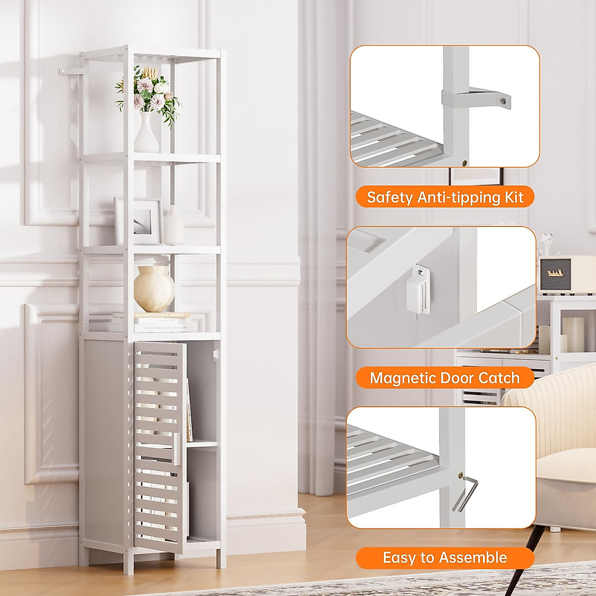 HITNET Bathroom Tall Cabinet, Floor Standing Bamboo Storage Cabinet with 6 Shelves and Shutter Door for Kitchen Living Room, White