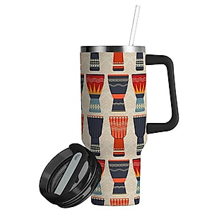 Exnundod African Djembe Drums Pattern Tumbler with Handle 30oz and Straw Insulated Tumblers Leak-proof Water Bottle for Car Travel