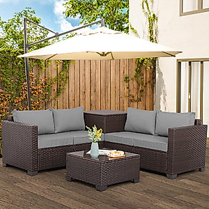 Valita Patio Furniture Set 4 Pieces Outdoor Brown Rattan Sectional Conversation Sofa Chair, Storage Box, Coffee Table,with No-Slip Cushions and Waterproof Covers, Grey