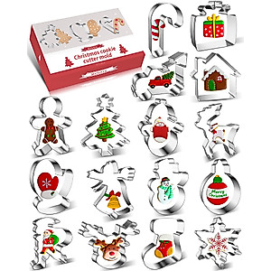 16 Pcs Christmas Cookie Cutters Winter Set with Decorating Instructions Stainless Steel Gingerbread Man Tree Snowflake Candy Cane Santa Snowman And More