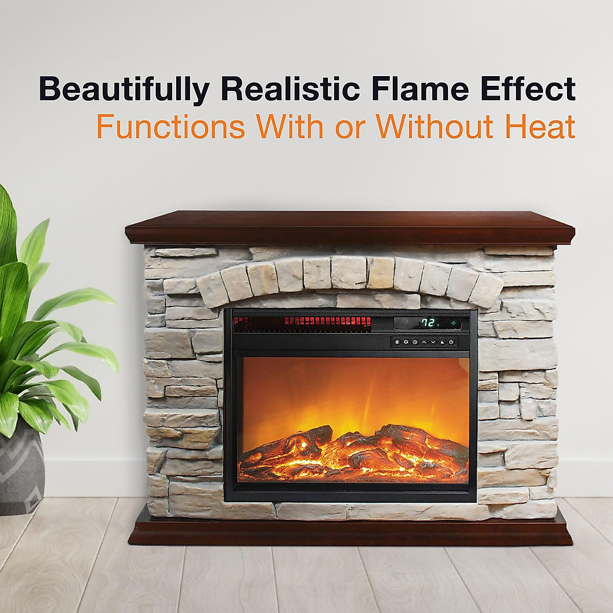 Lifesmart Large Square Infrared Faux Stone Fireplace, Fake Fireplace Heater with Mantel and Adjustable Settings for Living Room, Bedroom