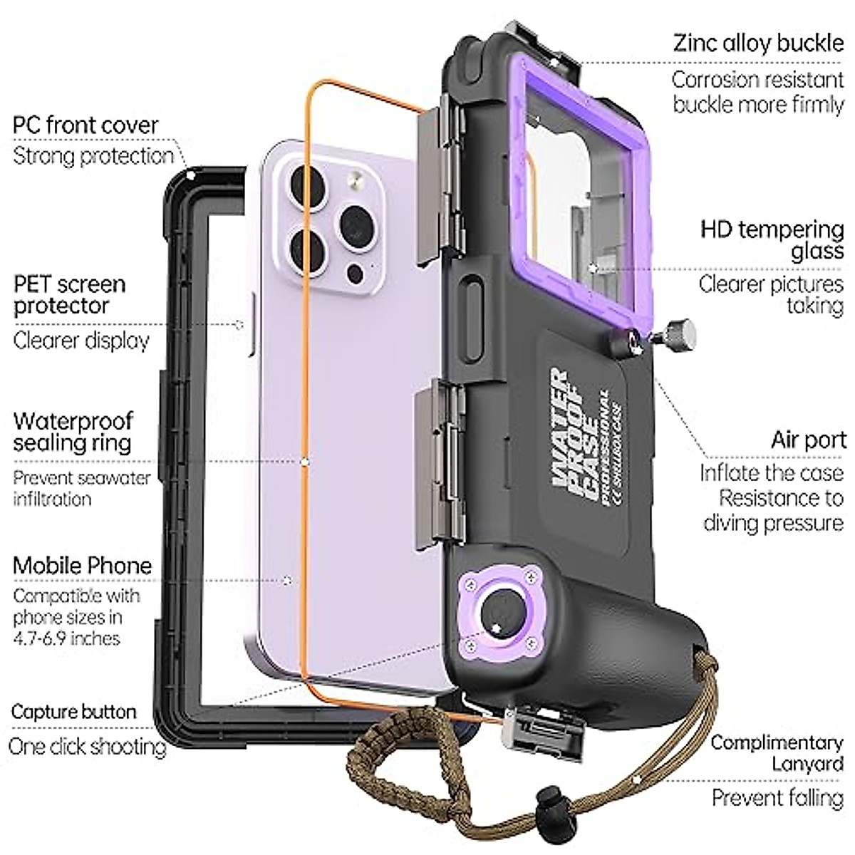 ShellBox Case Diving Case 2nd Gen for Phone/Samsung Galaxy Series, Universal Phones[4.9-6.9 Inch],Snorkeling[15m/50ft] Full Body Protector(Black-purple)