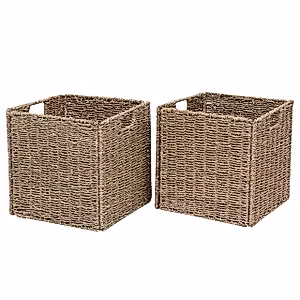 Seagrass Storage Basket,Folding 2 Packs Handmade Woven,Decorative Seagrass Shelf Basket,Wicker Shelf Basket For Storage Toys Books And Clothes and Other What You Want, 12x12x12 Inches. (seagrass)