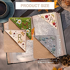 4 Pcs Embroidered Bookmark, Felt Triangle Page Stitched Corner Handmade Bookmark, Cute Flower Letter Embroidery Bookmarks, for Book Reading Lovers Meaningful Gift
