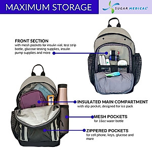 Sugar Medical - Insulated Diabetes Sling Backpack - Multi Pocket, Zip Secured Backpack w/Elastic Loops and Adjustable Straps for Diabetic Medical Supplies (Haze Grey) …