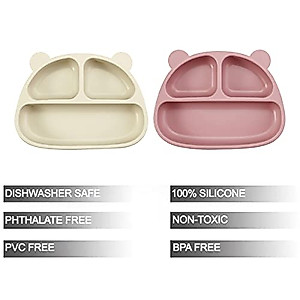PandaEar 2 Pack Silicone Baby Suction Plates with 2 Spoons for Self Feeding, 100% Silicone Kids Toddler Suction Plates, Divided Baby Plate Set, Microwave & Dishwasher Safe, BPA Free