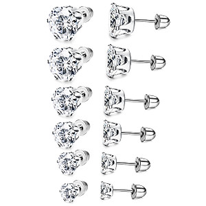 LOYALLOOK 6 Pairs Stainless Steel Clear Cubic Zirconia Stud Earring Ear Piercings for Women 3-8mm
