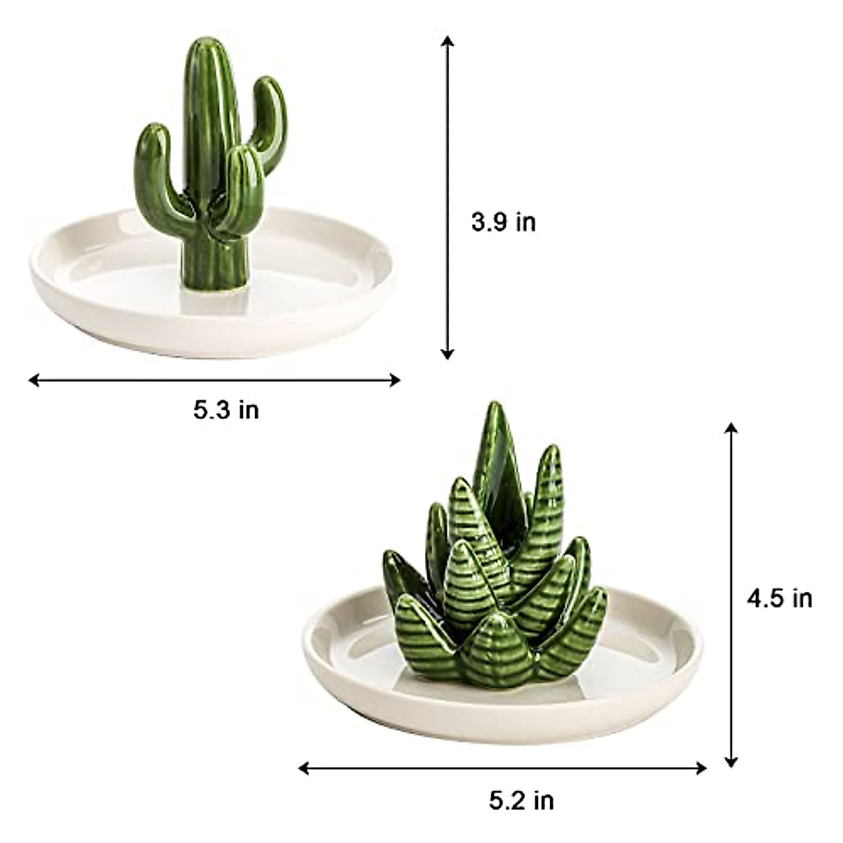 Elsjoy Set of 2 Aloe and Cactus Ring Holder Dish, Ceramic Plant Jewelry Dish Bracelet Earrings Necklace Organizer Tray, Decorative Succulent Trinket Dish for Wedding, Birthday Gifts, Home Decor