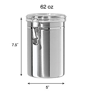 Oggi Stainless Steel Kitchen Canister 62 fl oz - Airtight Clamp Lid, Clear See-Thru Top - Ideal for Kitchen Storage, Food Storage, Pantry Storage. Large Size 5" x 7.5".