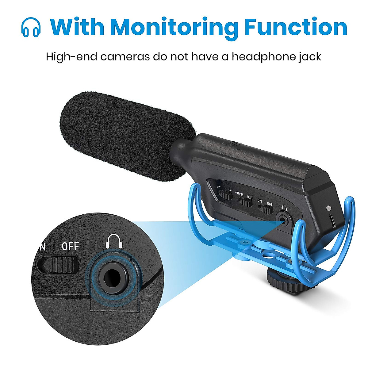 Moukey Video Microphone, Camera Microphone with Monitoring Function, Shotgun Mic for iPhone, Android Phone, Camera Sony/Nikon/Canon/DV Camcorder, Ideal for Interview/Vlogging