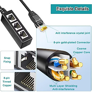 Tomjoy RJ45 Ethernet Splitter Cable, vienon RJ45 Y Splitter Adapter 1 to 3 Port Ethernet Switch Adapter Cable for CAT 5 / CAT 6 LAN Ethernet Socket Connector Adapter Cat5 Cat6 Cable Adapter Black